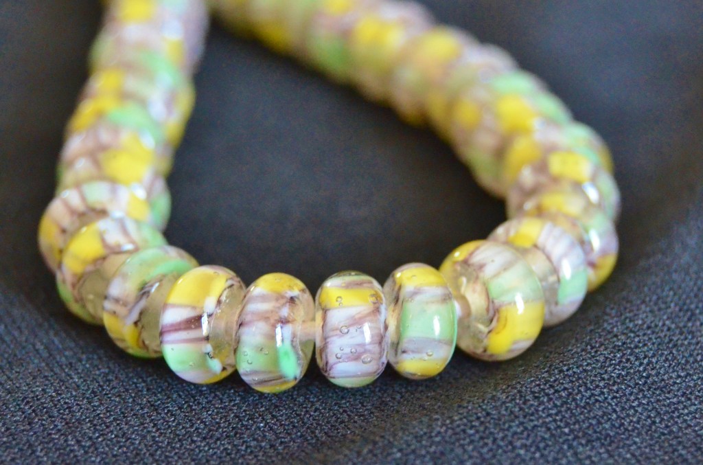Glass Beads Striped Green Grey And Yellow Indonesian Glass Beads